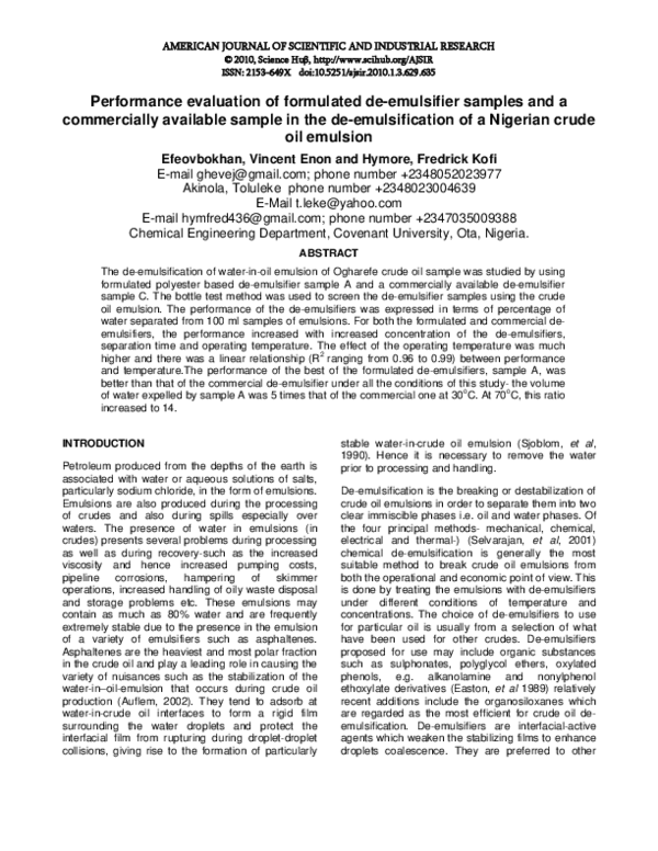 (PDF) Performance evaluation of formulated de-emulsifier samples and a ...