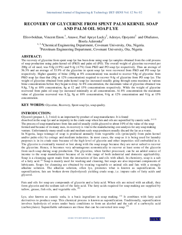 (PDF) Recovery of Glycerine From Spent Palm Kernel Soap and Palm Oil ...