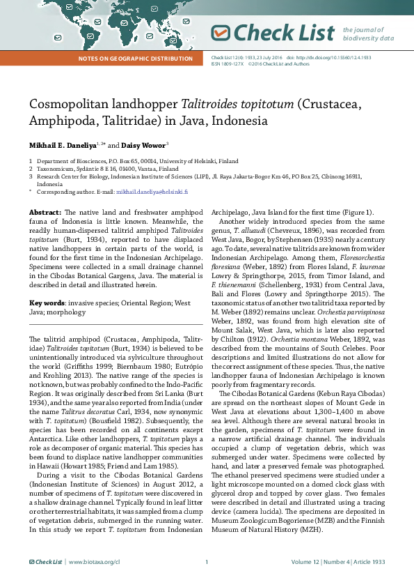 (PDF) Cosmopolitan landhopper Talitroides topitotum (Crustacea ...