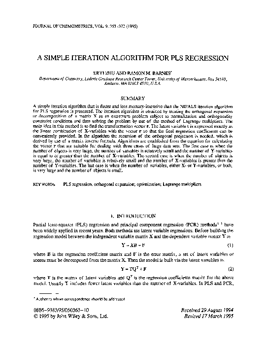 (PDF) A simple iteration algorithm for PLS regression