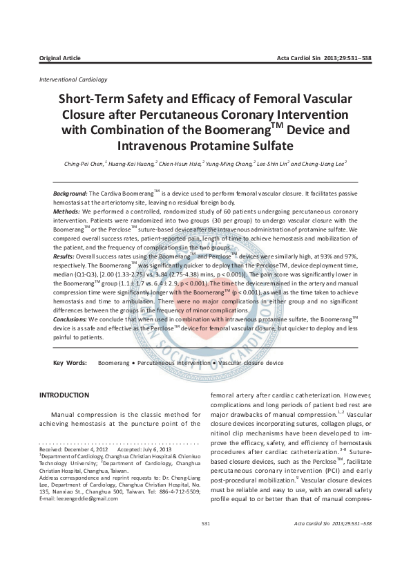 (PDF) Short-Term Safety and Efficacy of Femoral Vascular Closure after ...