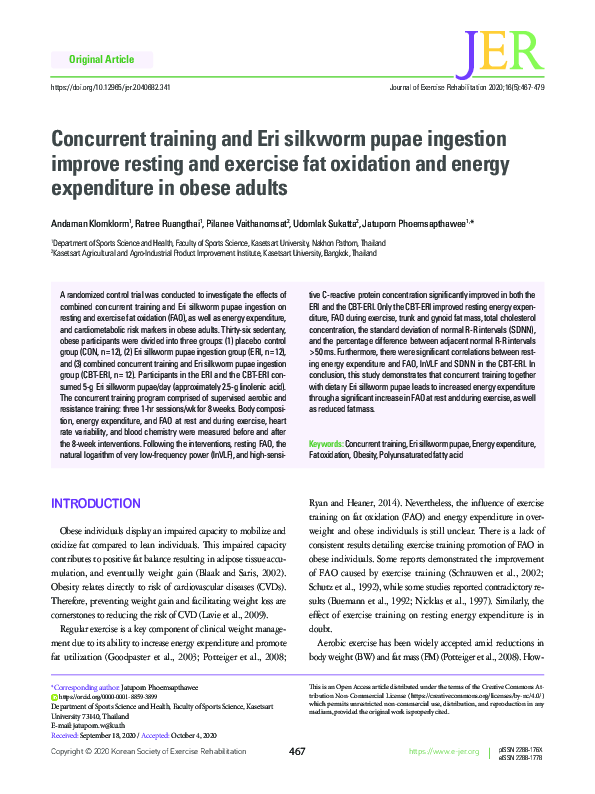 (PDF) Concurrent training and Eri silkworm pupae ingestion improve resting and exercise fat ...