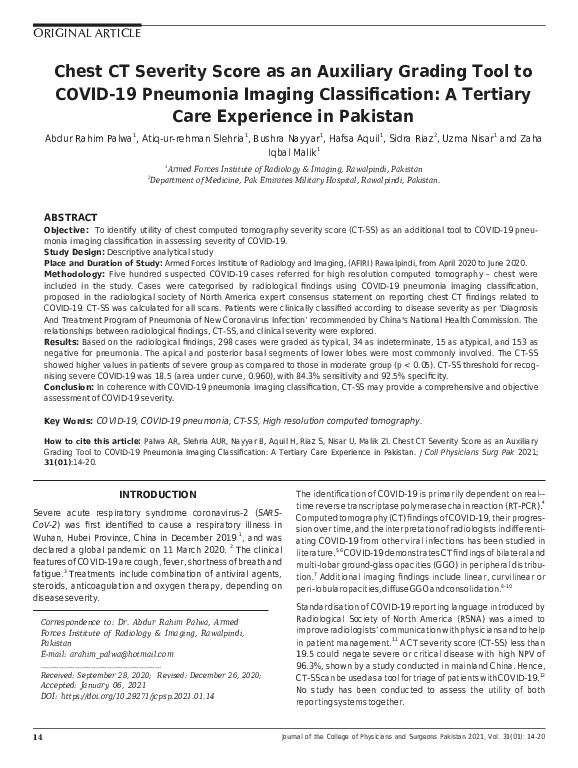 (PDF) Chest CT Severity Score as an Auxiliary Grading Tool to COVID-19 ...