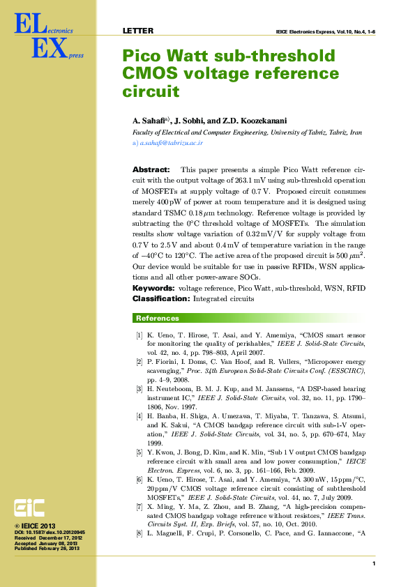 Pdf Pico Watt Sub Threshold Cmos Voltage Reference Circuit