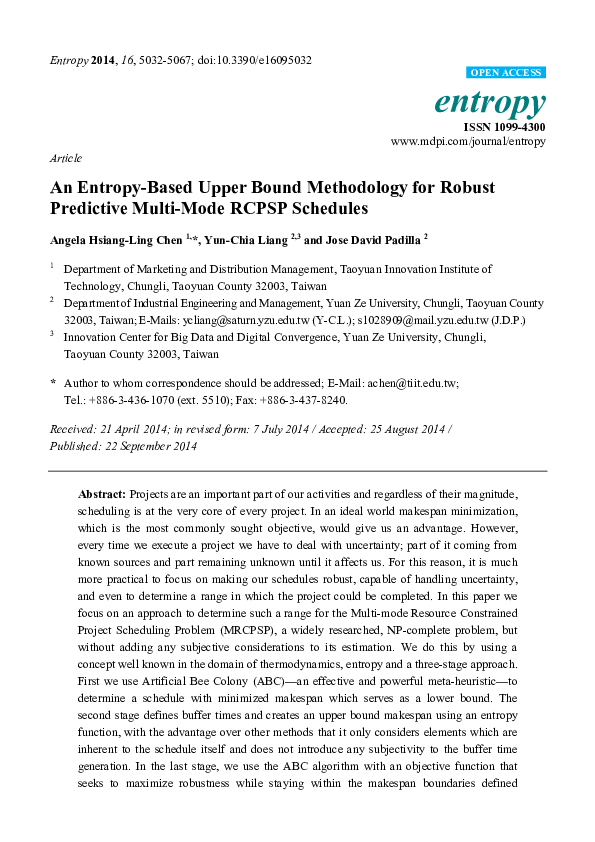 Pdf An Entropy Based Upper Bound Methodology For Robust Predictive Multi Mode Rcpsp Schedules