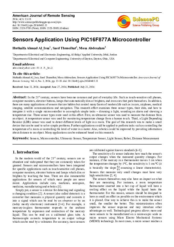 (PDF) Sensors Application Using PIC16F877A Microcontroller