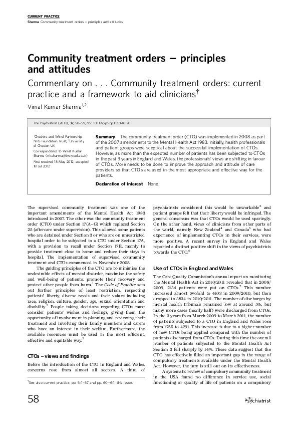 (PDF) Community treatment orders – principles and attitudes Commentary ...