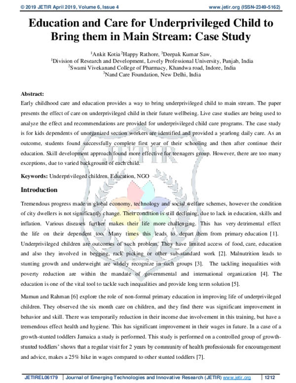 (PDF) Education and Care for Underprivileged Child to Bring them in Main Stream: Case Study