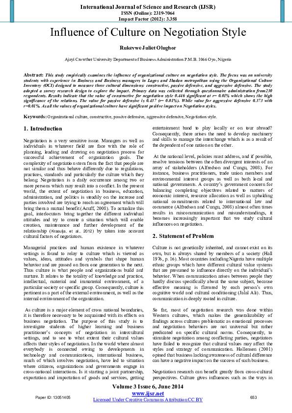 (PDF) Influence of Culture on Negotiation Style