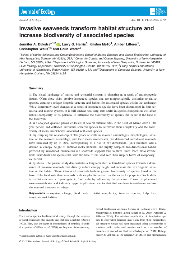 (PDF) Invasive seaweeds transform habitat structure and increase biodiversity of associated species