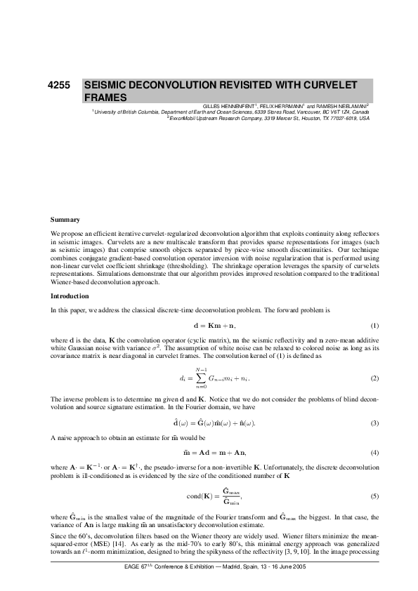 (PDF) 4255 Seismic Deconvolution Revisited with Curvelet Frames