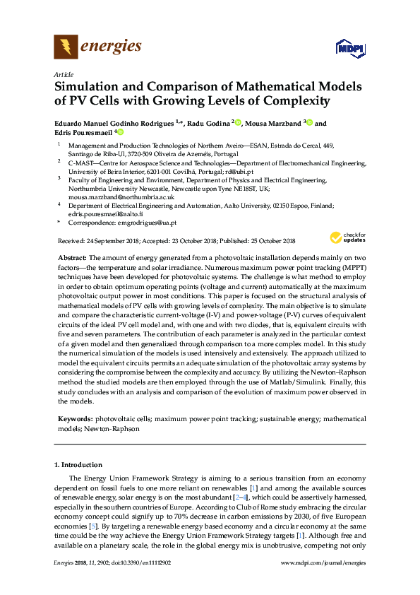 (PDF) Simulation and Comparison of Mathematical Models of PV Cells with Growing Levels of Complexity