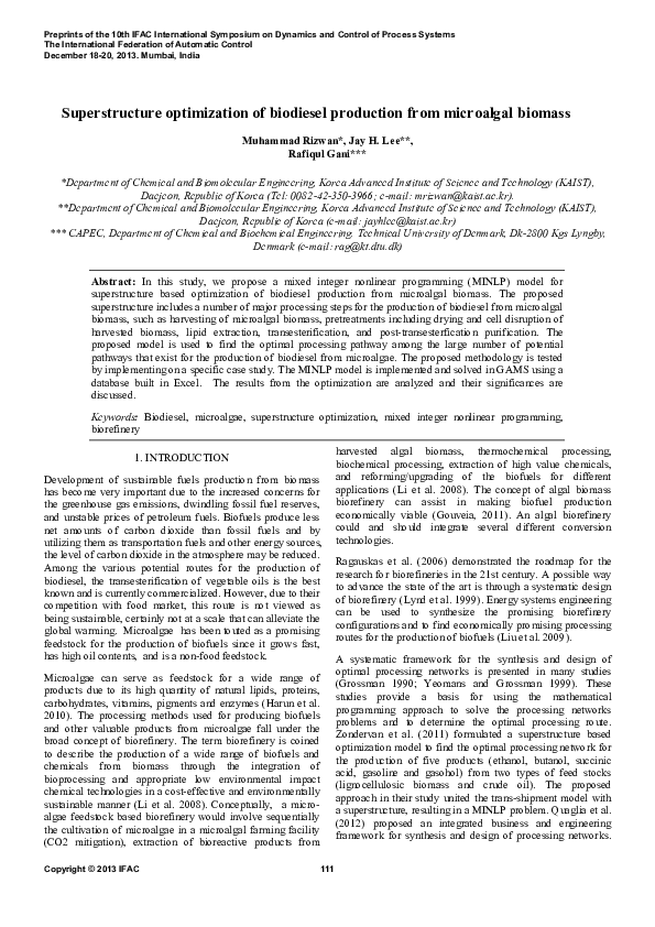 (PDF) Superstructure optimization of biodiesel production from microalgal biomass