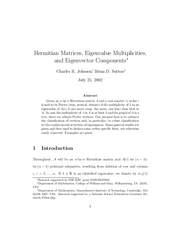 (PDF) Hermitian Matrices, Eigenvalue Multiplicities, and Eigenvector Components