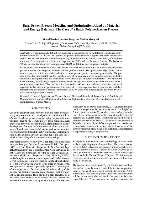 Pdf Data Driven Process Modeling And Optimization Aided By Material And Energy Balances The