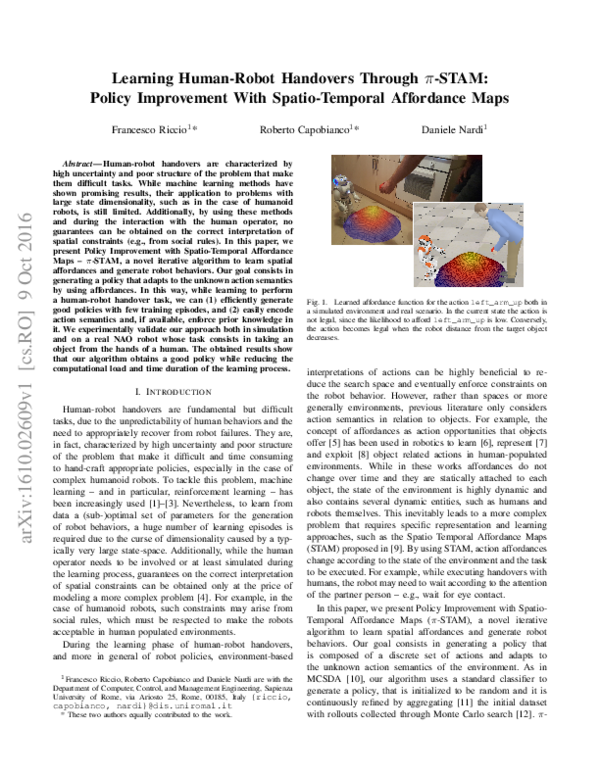 (PDF) Learning human-robot handovers through π-STAM: Policy improvement ...