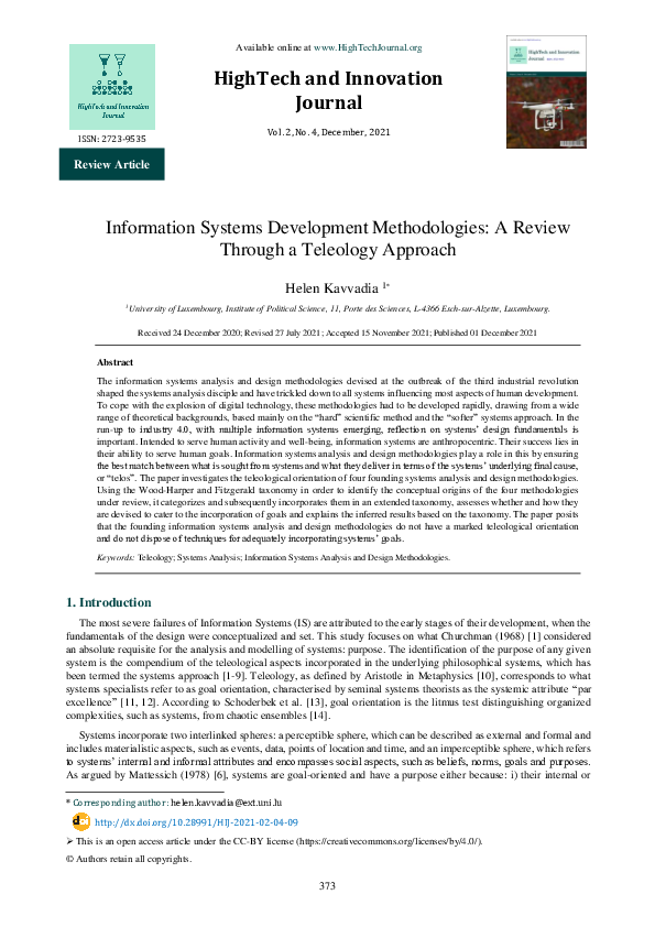 (PDF) Information Systems Development Methodologies: A Review Through a Teleology Approach
