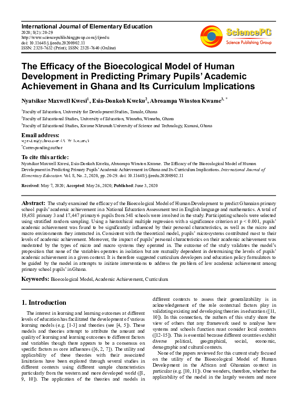 (PDF) The Efficacy of the Bioecological Model of Human Development in ...