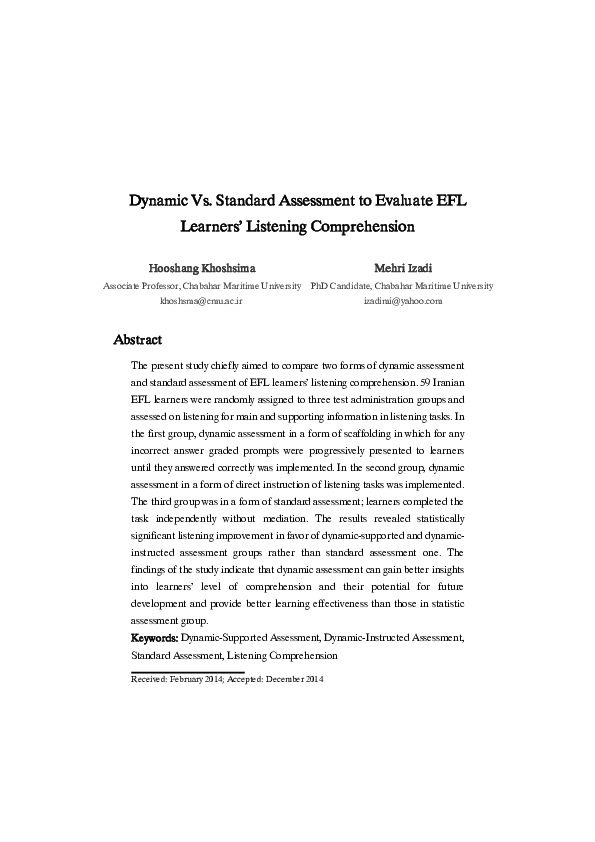 (PDF) Dynamic vs. Standard Assessment to Evaluate EFL Learners ...