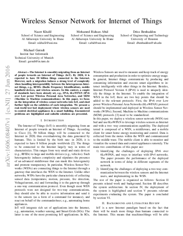 (PDF) Wireless sensors networks for Internet of Things