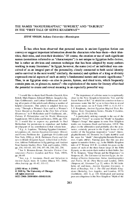 (PDF) The Names Naneferkaptah, Ihweret, and Tabubue in the First Tale ...