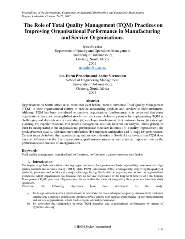 (PDF) The Role of Total Quality Management ( TQM ) Practices on ...