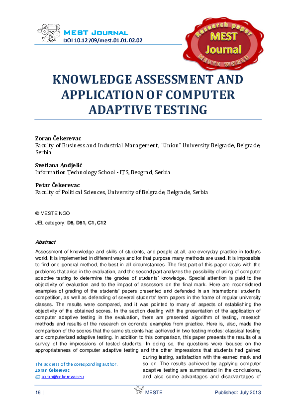 Pdf Knowledge Assessment And Application Of Computer Adaptive Testing