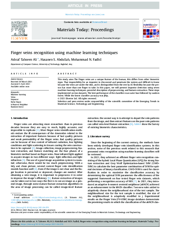(PDF) Finger veins recognition using machine learning techniques