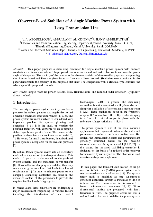 (PDF) Observer-Based Stabilizer of A single Machine Power System with ...