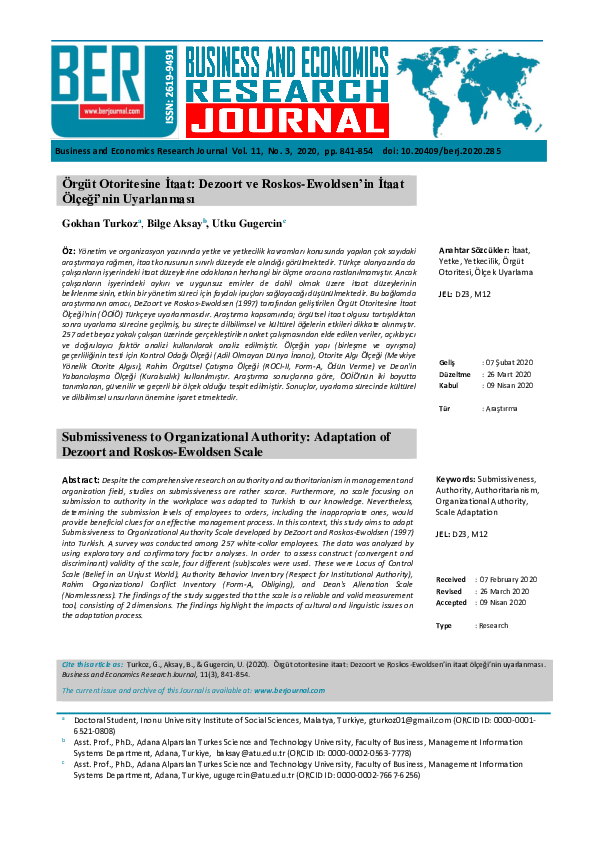 (PDF) Örgüt Otoritesine İtaat: Dezoort ve Roskos-Ewoldsen in İtaat ...