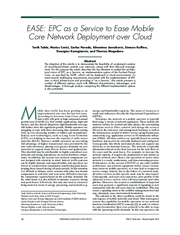 (PDF) EASE: EPC as a service to ease mobile core network deployment ...