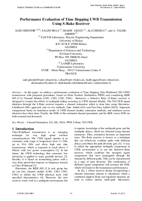 (PDF) Performance Evaluation of Time Hopping UWB Transmission Using S-Rake Receiver | Ali CHEMSA ...