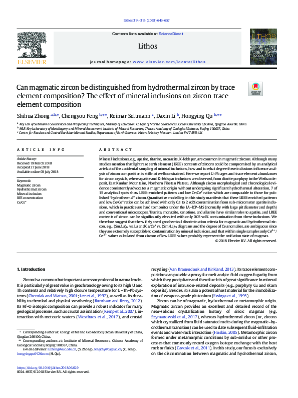 (PDF) Can magmatic zircon be distinguished from hydrothermal zircon by ...