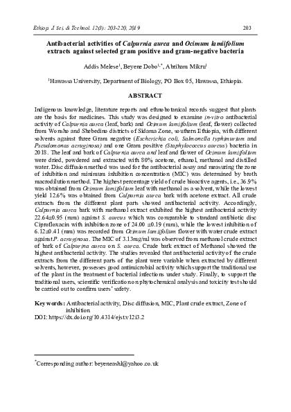 (PDF) Antibacterial activities of Calpurnia aurea and Ocimum lamiifolium extracts against ...