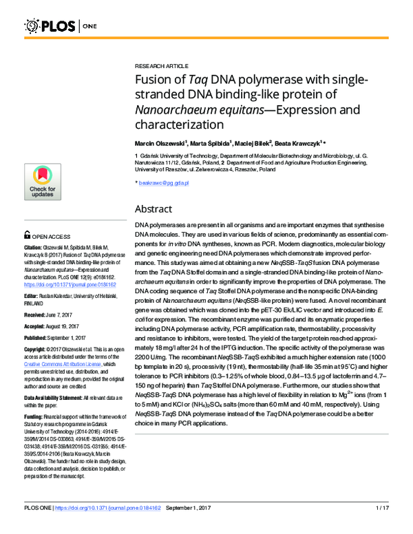 (PDF) Fusion of Taq DNA polymerase with single-stranded DNA binding ...