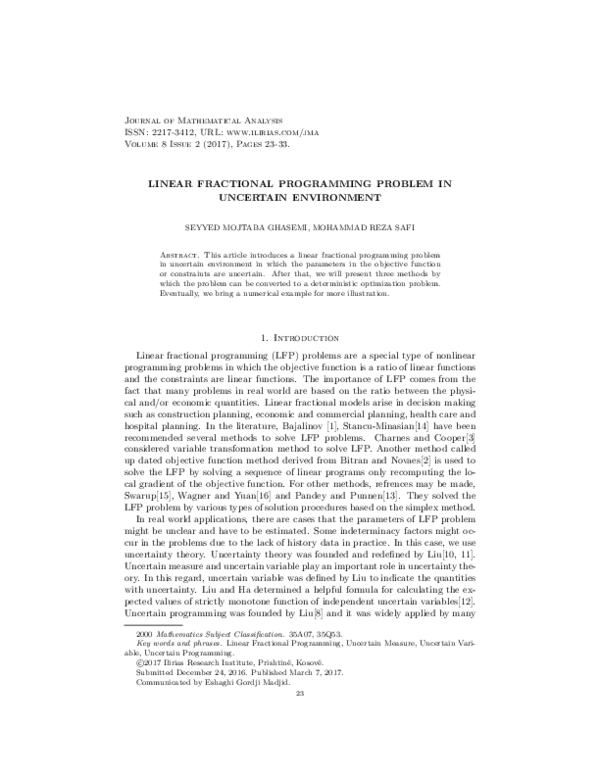 Pdf Linear Fractional Programming Problem In Uncertain Environment