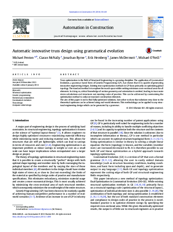 (PDF) Automatic innovative truss design using grammatical evolution | Michael O'Neill - Academia.edu