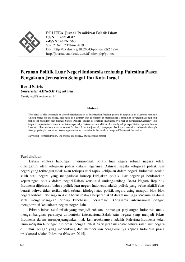 (PDF) Peranan Politik Luar Negeri Indonesia Terhadap Palestina Pasca ...