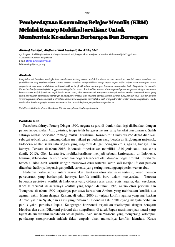 (PDF) Pemberdayaan Komunitas Belajar Menulis (KBM) Melalui Konsep Multikulturalisme Untuk ...