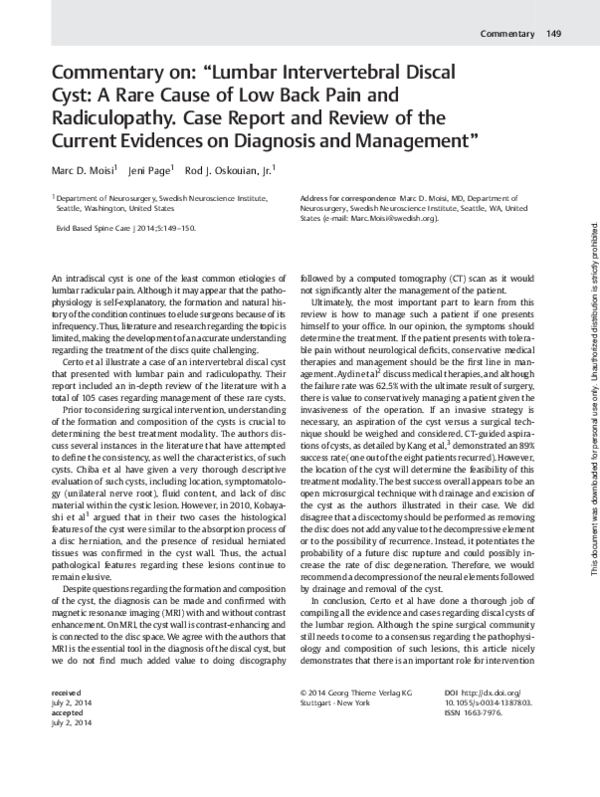 (PDF) Commentary on: "Lumbar Intervertebral Discal Cyst: A Rare Cause ...