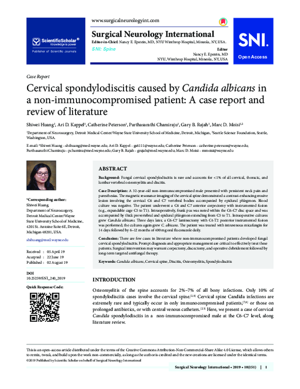 (PDF) Cervical spondylodiscitis caused by Candida albicans in a non ...
