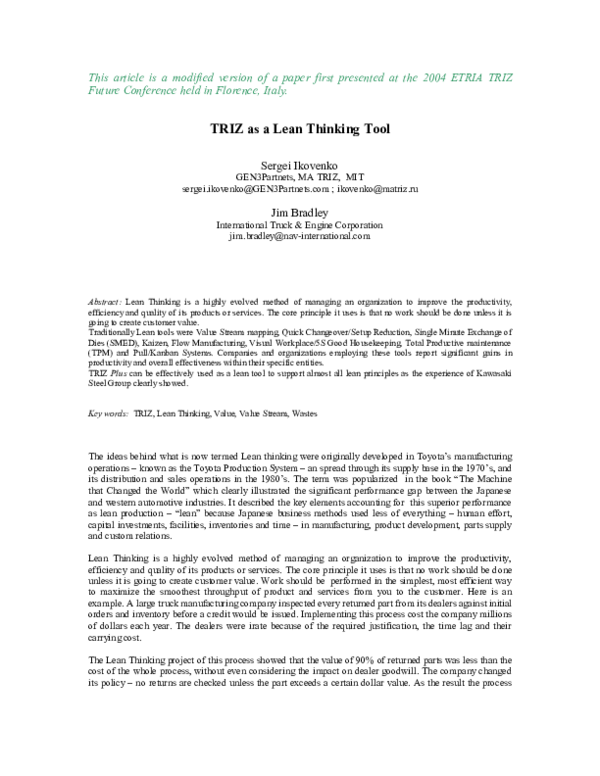 (PDF) TRIZ as a Lean Thinking Tool