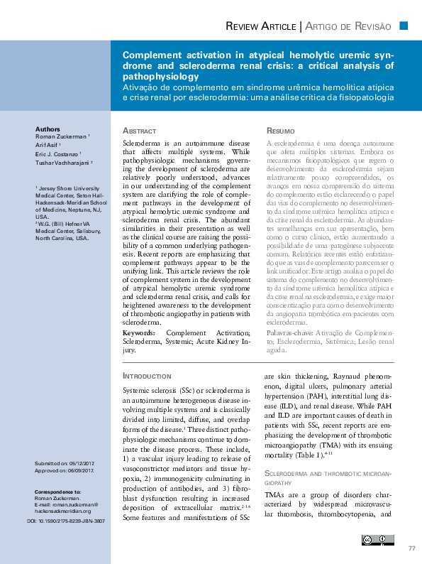 Pdf Complement Activation In Atypical Hemolytic Uremic Syndrome And Scleroderma Renal Crisis