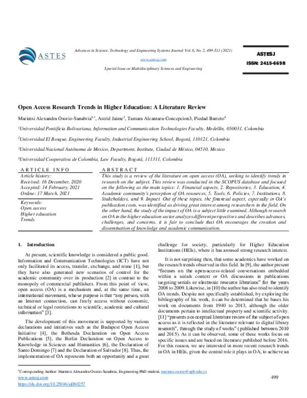 (PDF) Open Access Research Trends in Higher Education: A Literature Review