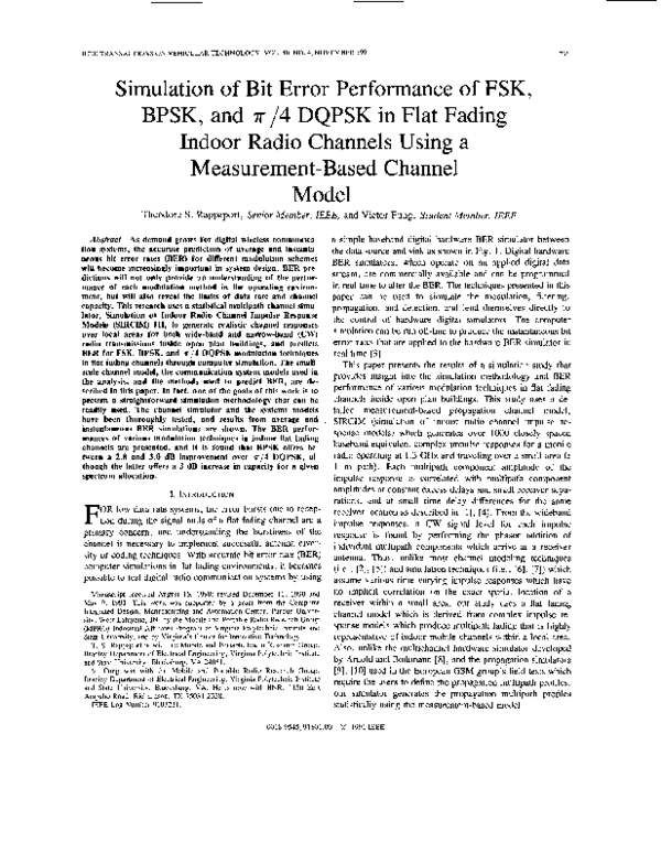 Pdf Simulation Of Bit Error Performance Of Fsk Bpsk And Pi 4 Dqpsk In Flat Fading Indoor
