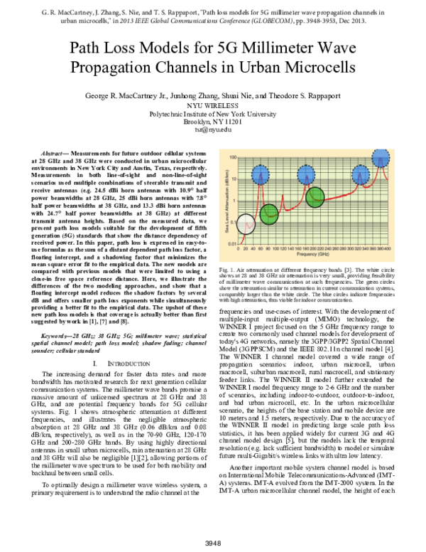 (PDF) Path loss models for 5G millimeter wave propagation channels in urban microcells
