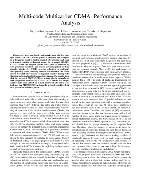 (PDF) Multi-code multicarrier CDMA: performance analysis