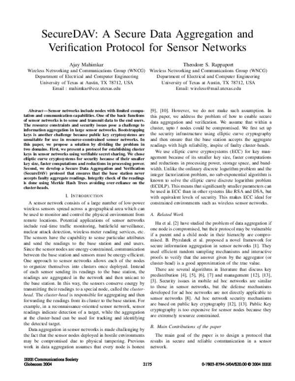 (PDF) SecureDAV: a secure data aggregation and verification protocol for sensor networks