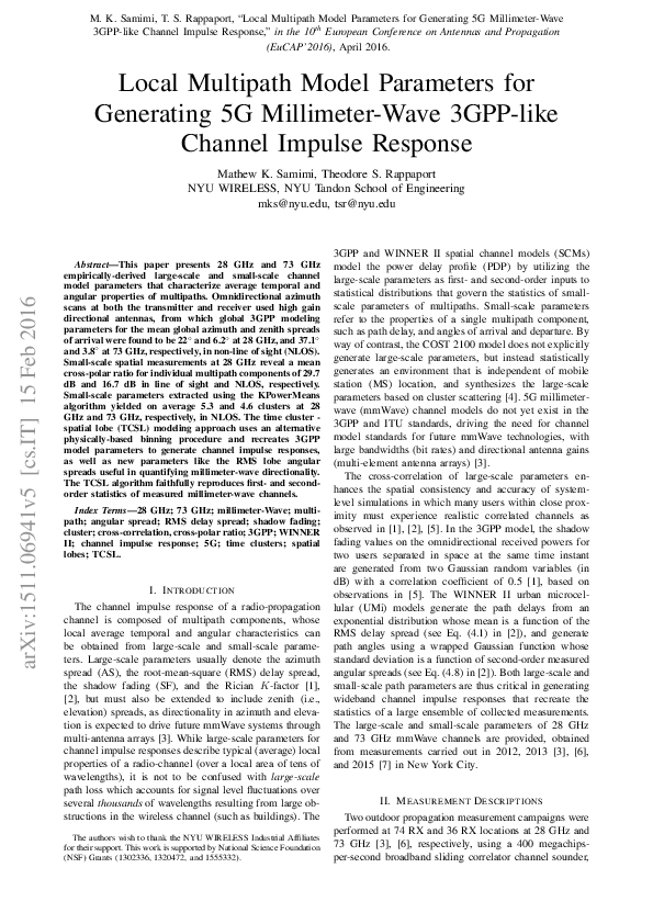 (PDF) Local multipath model parameters for generating 5G millimeter-wave 3GPP-like channel ...