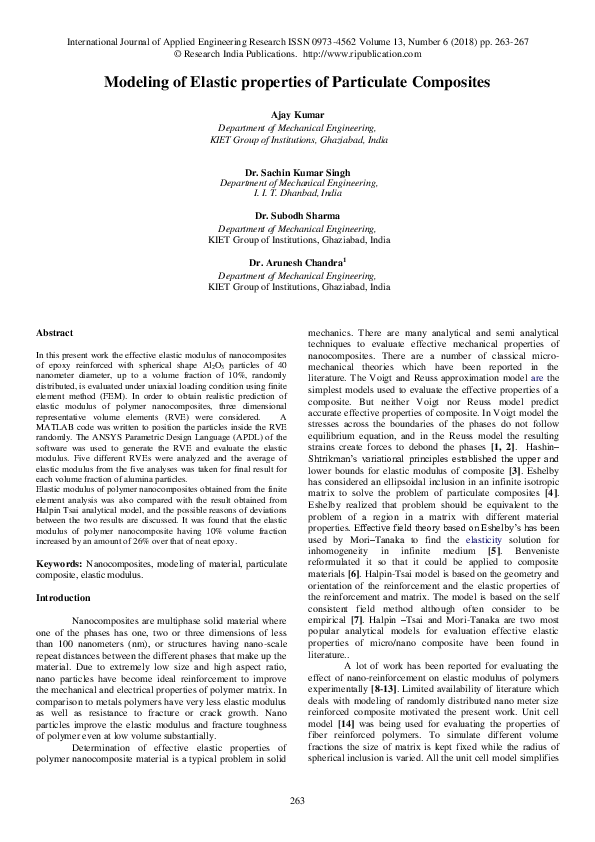 Pdf Modeling Of Elastic Properties Of Particulate Composites